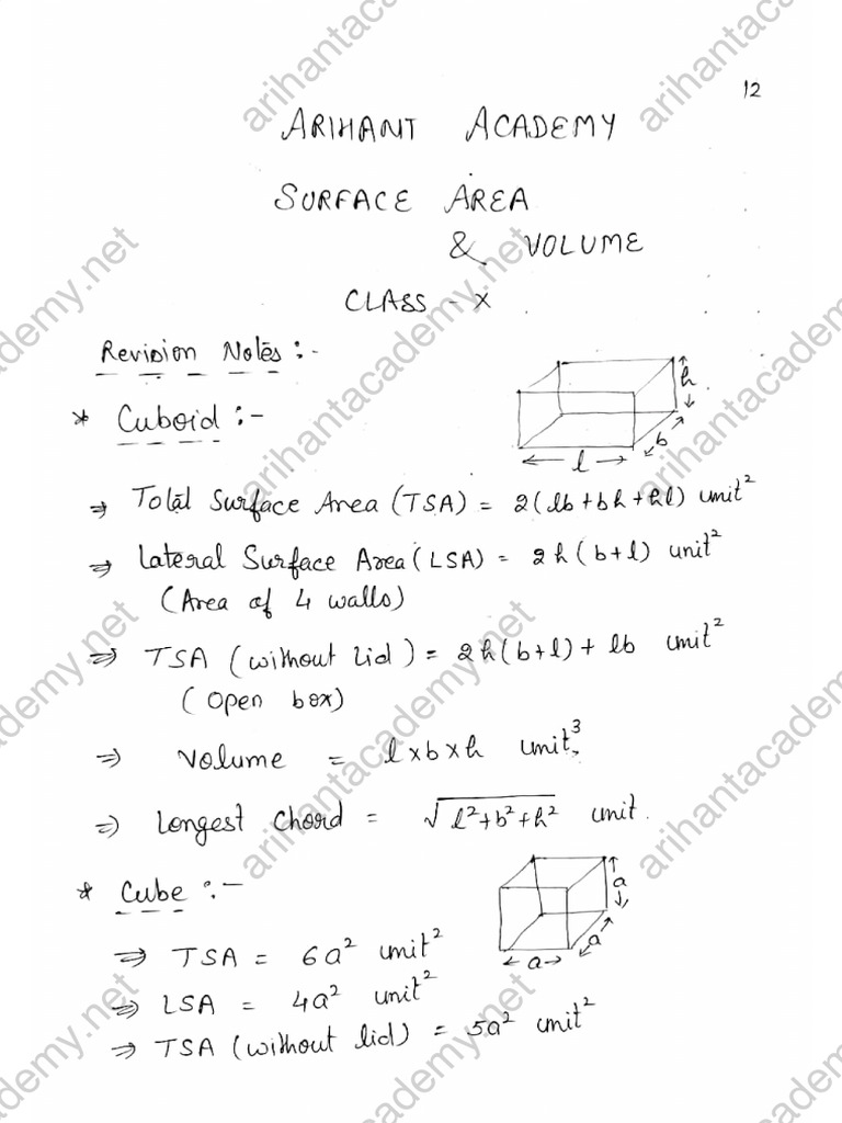 Surface Area and Volume Notes and Questions | PDF