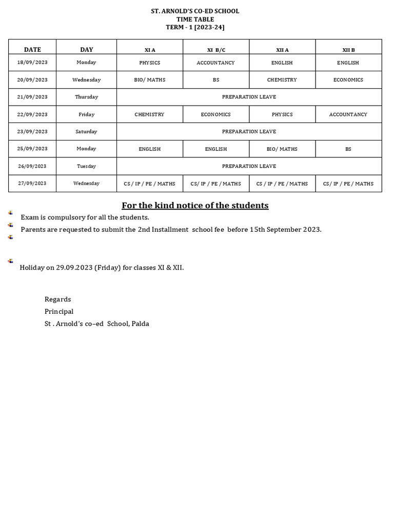 St. Arnold's School Term 1 Timetable 2023 | PDF