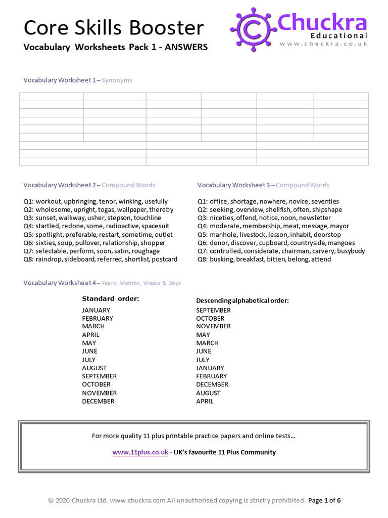 Chuckra Vocabulary Worksheets Pack 1 - v07 - 2020 - Answers | PDF