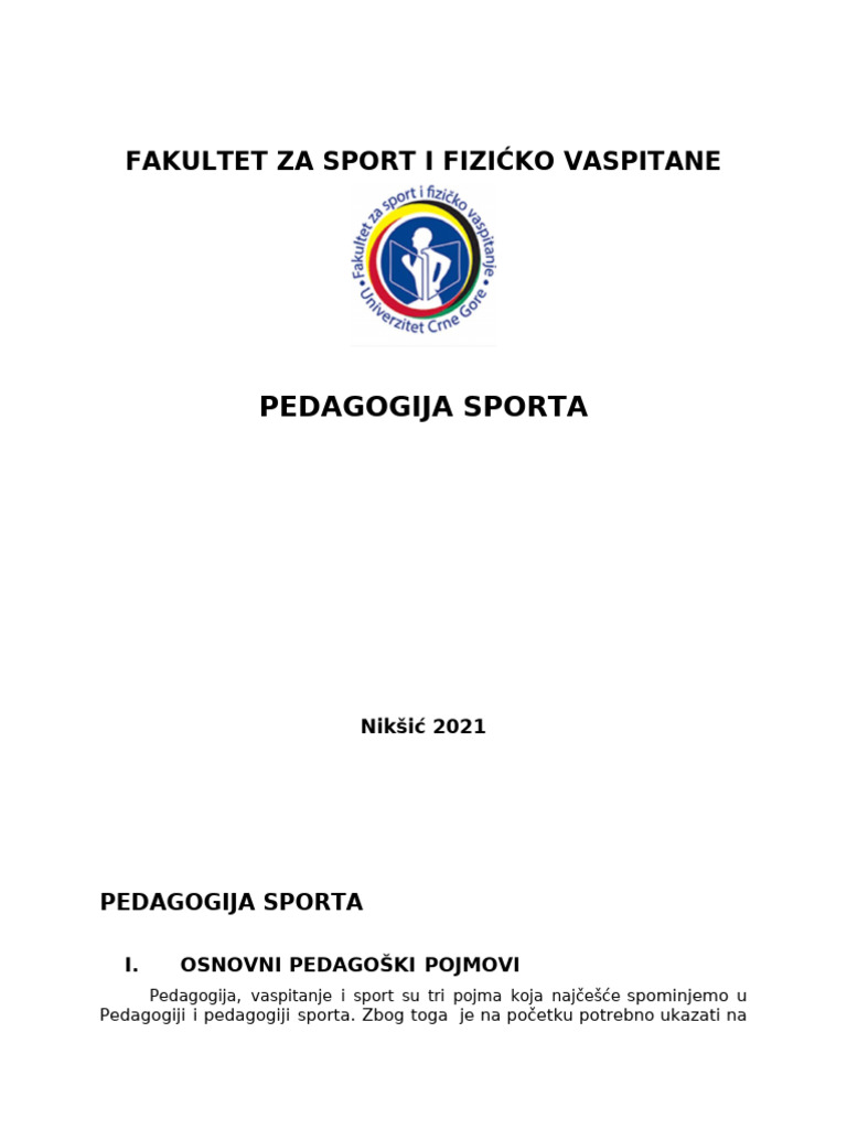 Pedagogija Sporta: Fakultet Za Sport I Fizićko Vaspitane | PDF