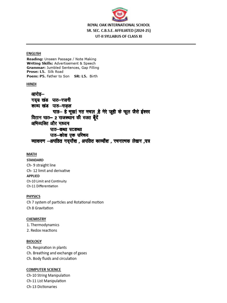 Class XI UT-II Syllabus 2024-25 | PDF