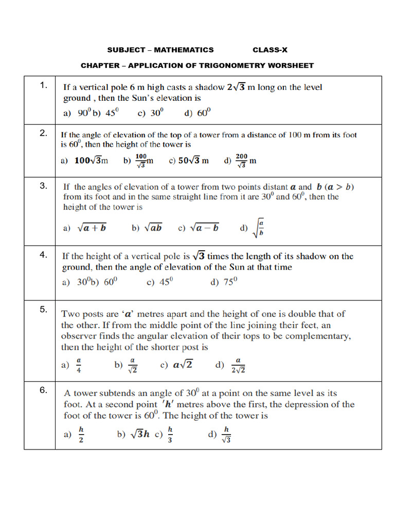 Trigonometry Worksheet for Class X | PDF