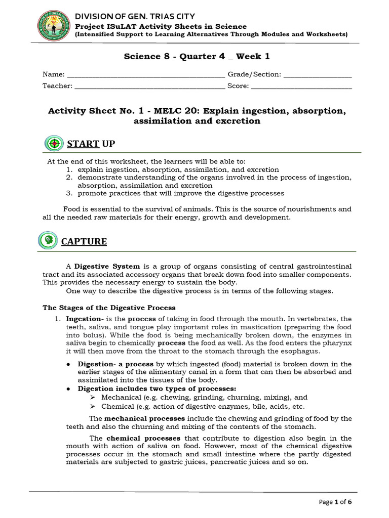 Q4 - SCIENCE8 - MELC NO. 20 - WEEK NO. 1 - ACTIVITY NO. 1.v2.editeddocx | PDF | Digestion ...