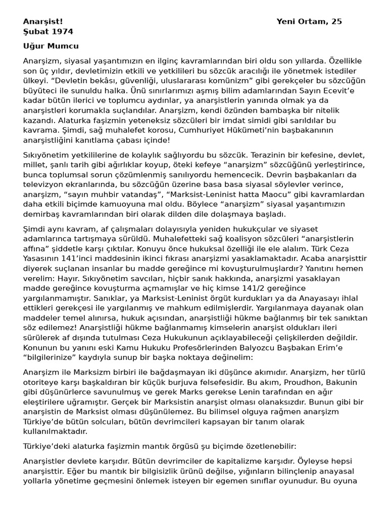 Ugur Mumcu Anarsist 25 Subat 1974 | PDF