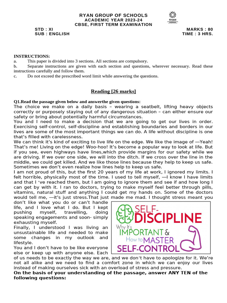 XI-English - TERM 1 RETEST Q.P. | PDF | Well Being