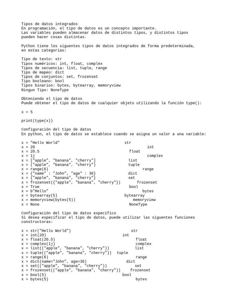 Tipos de Datos Integrados | PDF | Tipo de datos | Python (lenguaje de programación)