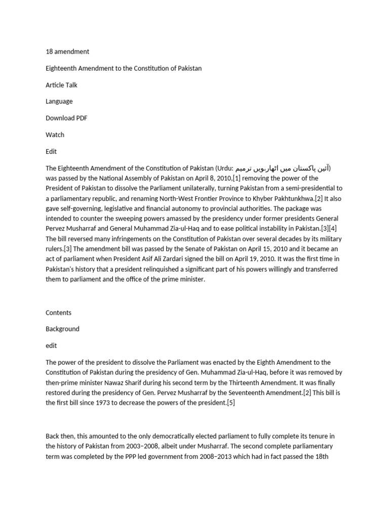 18 Amendment To Pakistan | PDF | Government | Government Of Pakistan