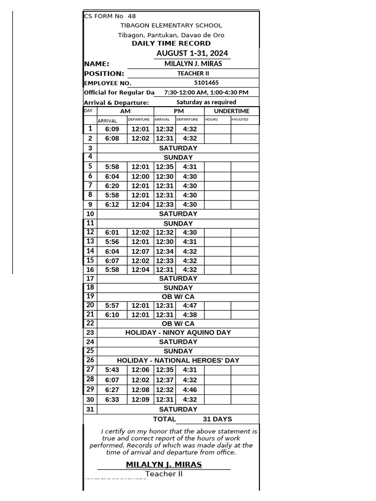 Daily Time Record for Teachers 2024 | PDF | April Observances | Entertainment Events