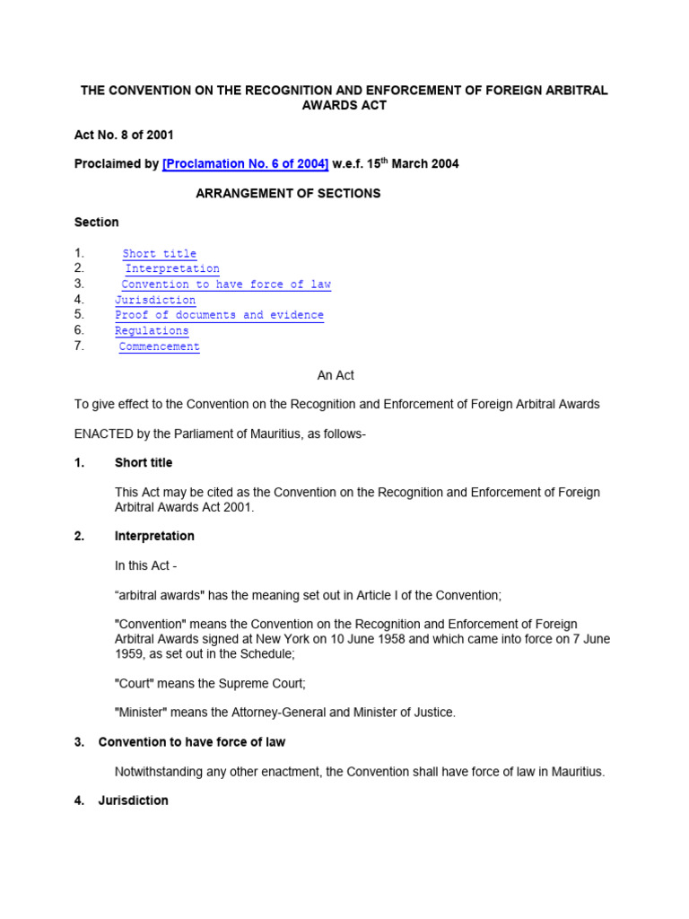 Convention Recognition and Enforcement Foreign Arbitral Awards Act 20020160528125946044 1 | PDF ...