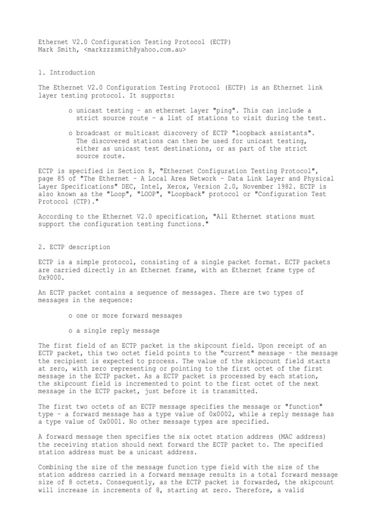 Ethernet V2.0 Configuration Testing Protocol (ECTP) | PDF | Network ...