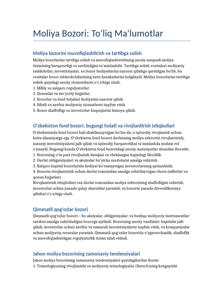 Moliya Bozori 12 Mavzu | PDF