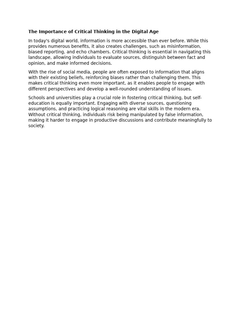 Critical Thinking in the Digital Age | PDF