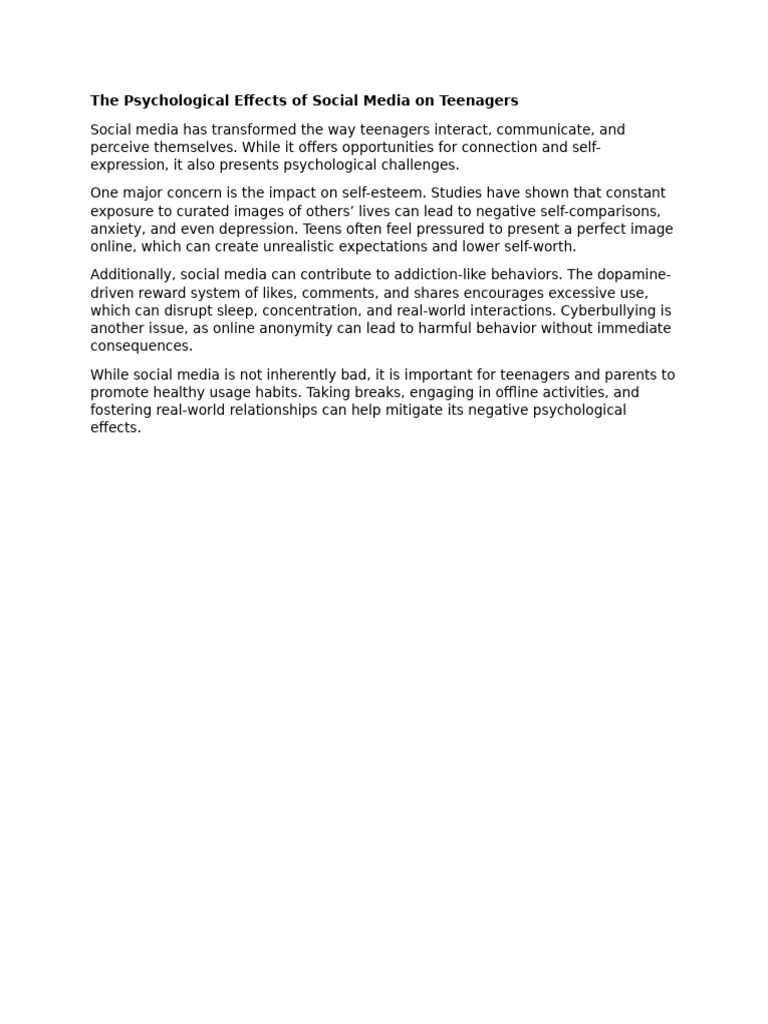 The Psychological Effects of Social Media On Teenagers | PDF