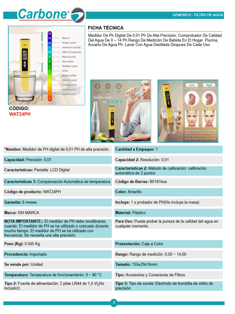 Ficha Tecnica de Medidor de PH | PDF | Agua | Ph