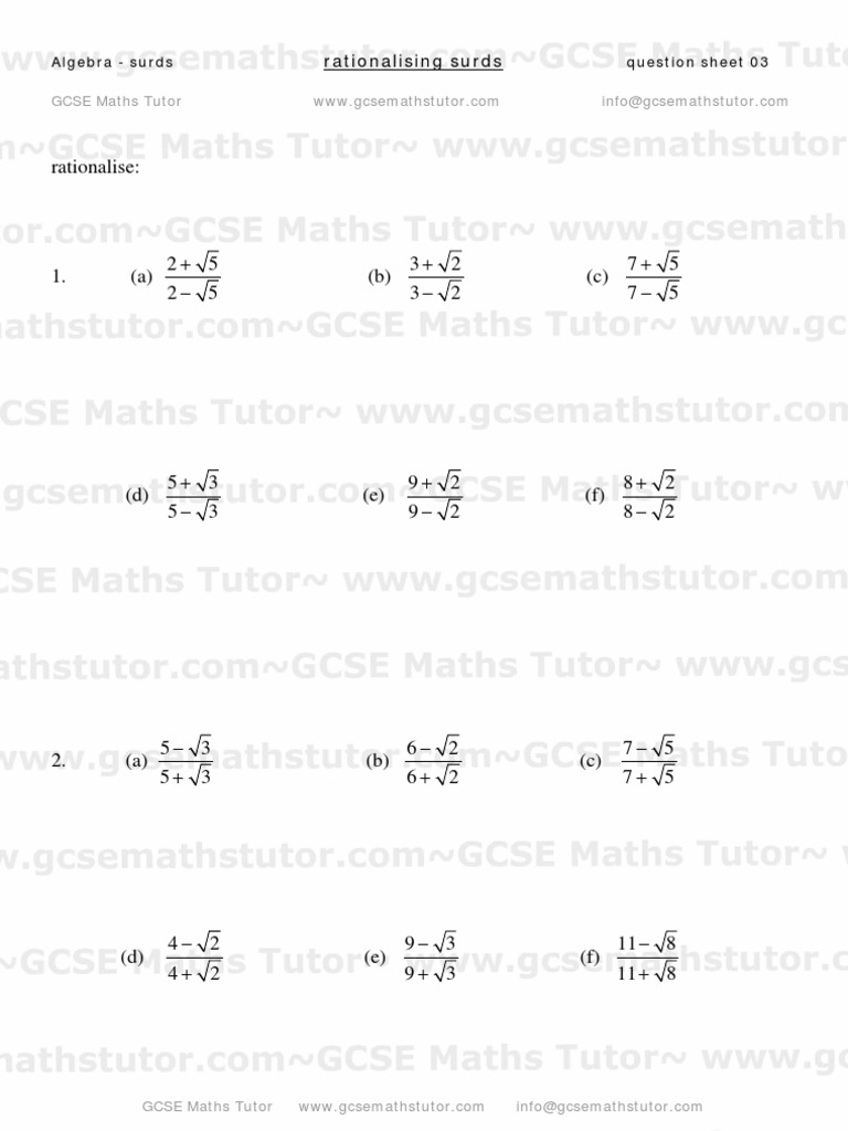 GCSE Maths Tutor Number Surds #3 Rationalisation | PDF | Algebra ...