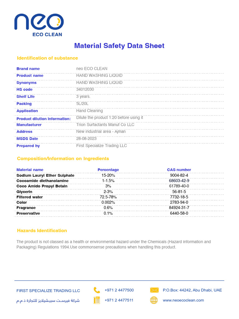 Neo Eco Clean Hand Washing Liquid MSDS | PDF | Dangerous Goods | Occupational Safety And Health
