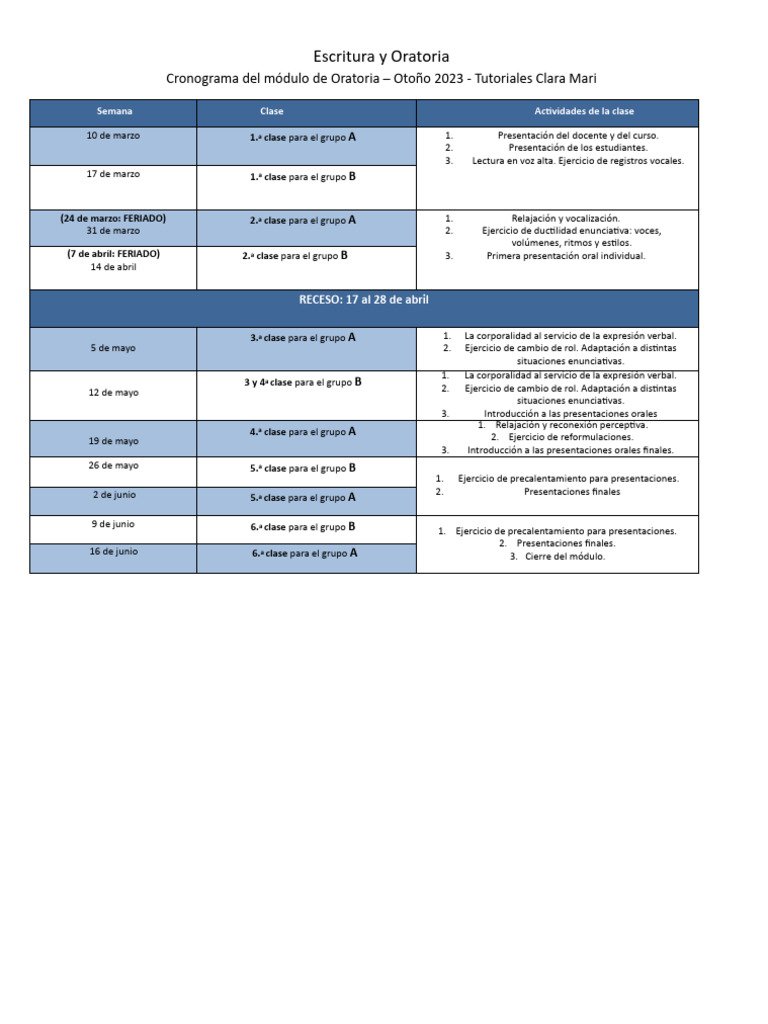 Cronograma de Clases de Oratoria. Otoño 2023 - Tutoriales Clara Mari | PDF
