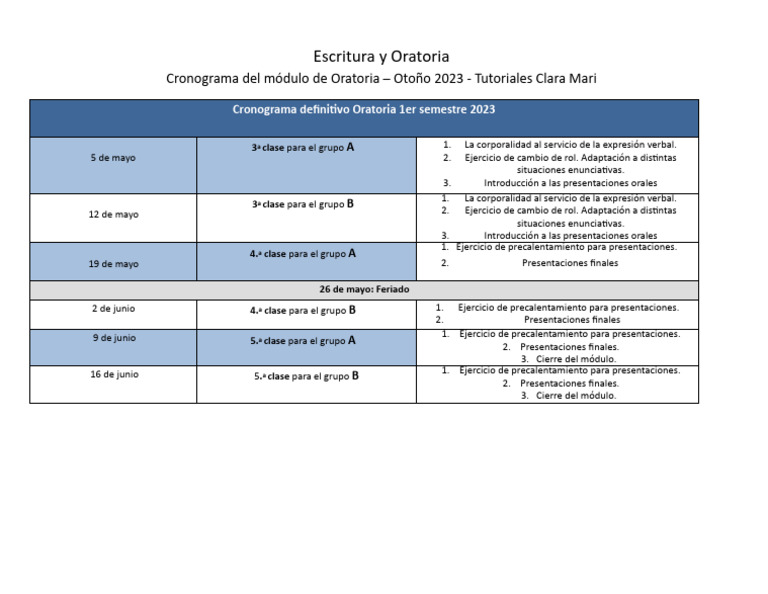 Cronograma Definitivo de Oratoria. Otoño 2023 - Tutoriales Clara Mari | PDF