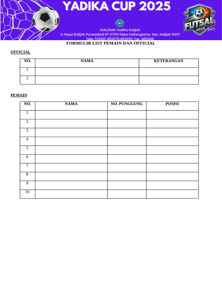 Formulir Pendaftaran Futsal Yadika Cup 2025 | PDF