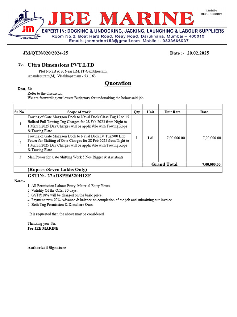 Quotation for Towing Services to Ultra Dimensions | PDF