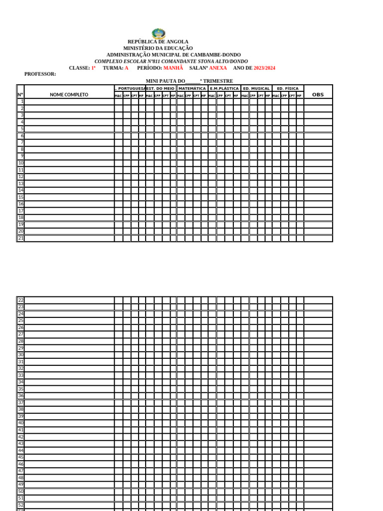 Mini Pauta 1 à 4 -Classe 2024 | PDF | Angola