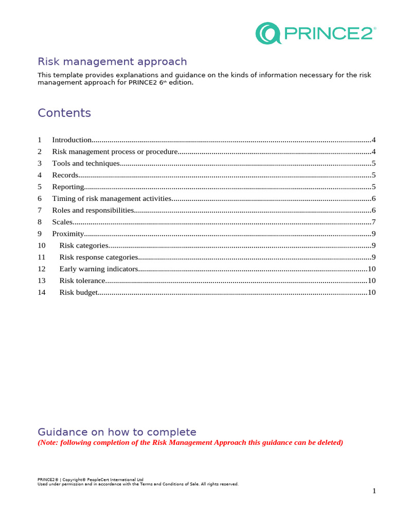 PRINCE2 6th Edition Risk Management Approach Template Long Example ...