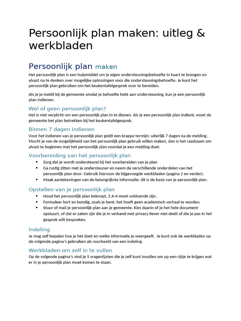 Persoonlijk Plan Uitleg en Werkbladen | PDF
