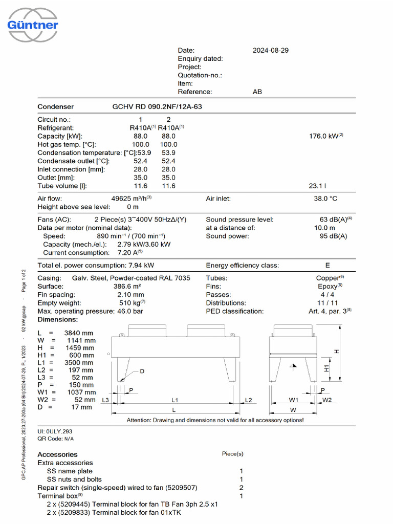 88 KW X 2 - Condenser Datasheet For Mezzanine (1x Condenser With 2 Circuit) - 50pa ESP | PDF