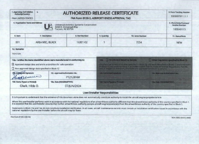 FAA Form 8130-3 (Area Mic PN_16301-02; SN_7554) | PDF