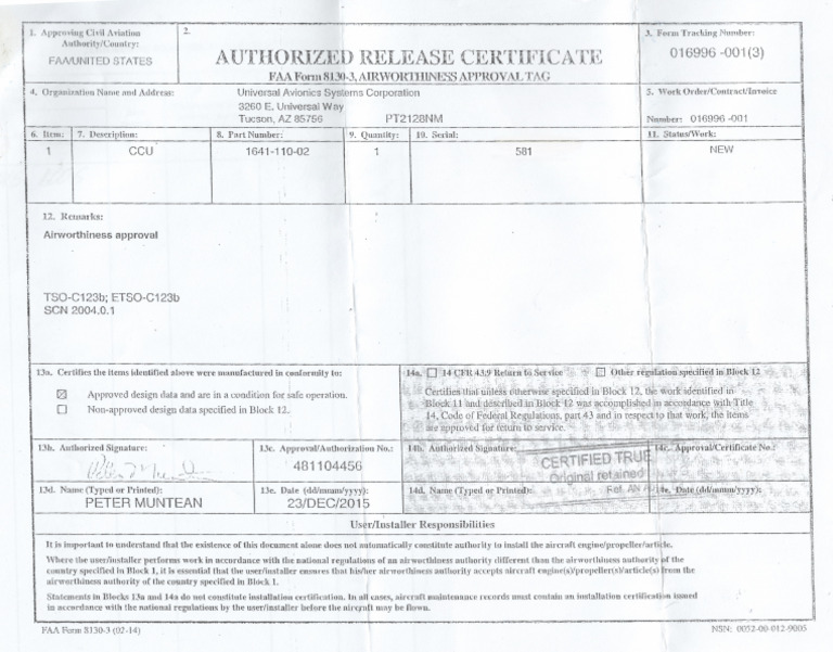 FAA Form 8130-3 (CCU PN - 1641-110-02 SN - 581) | PDF