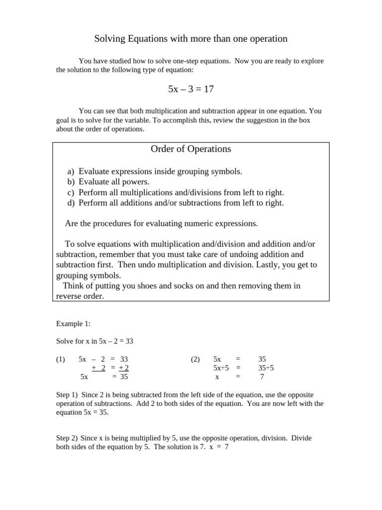Solving Equations With More Than One Operation | PDF | Equations ...