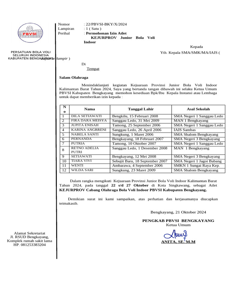 Surat Ijin Atlet | PDF