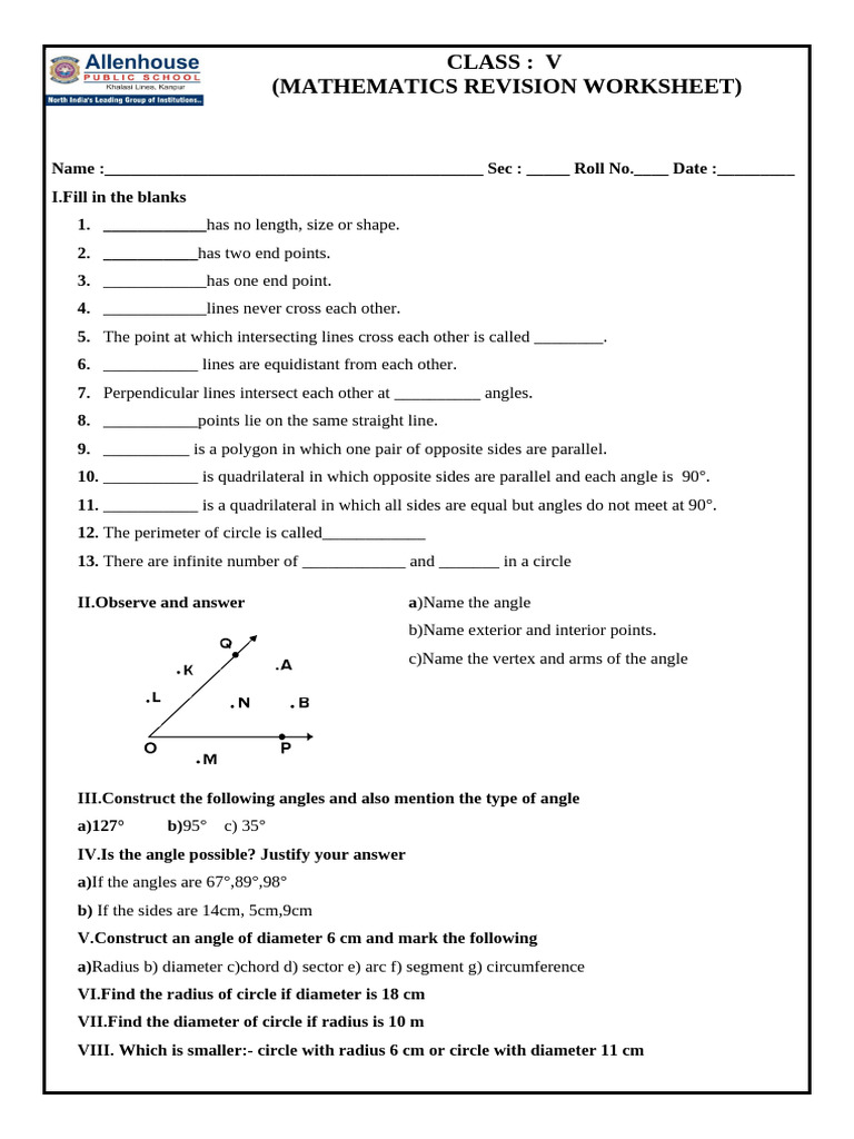 revision worksheet class 5 maths | PDF
