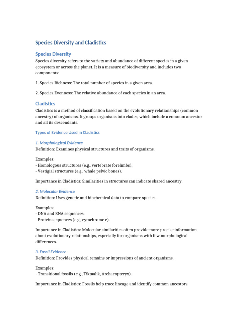 Understanding Species Diversity & Cladistics | PDF | Evolution | Species