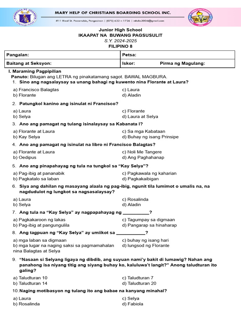 Filipino-8 Fourth Monthly Exam Final | PDF