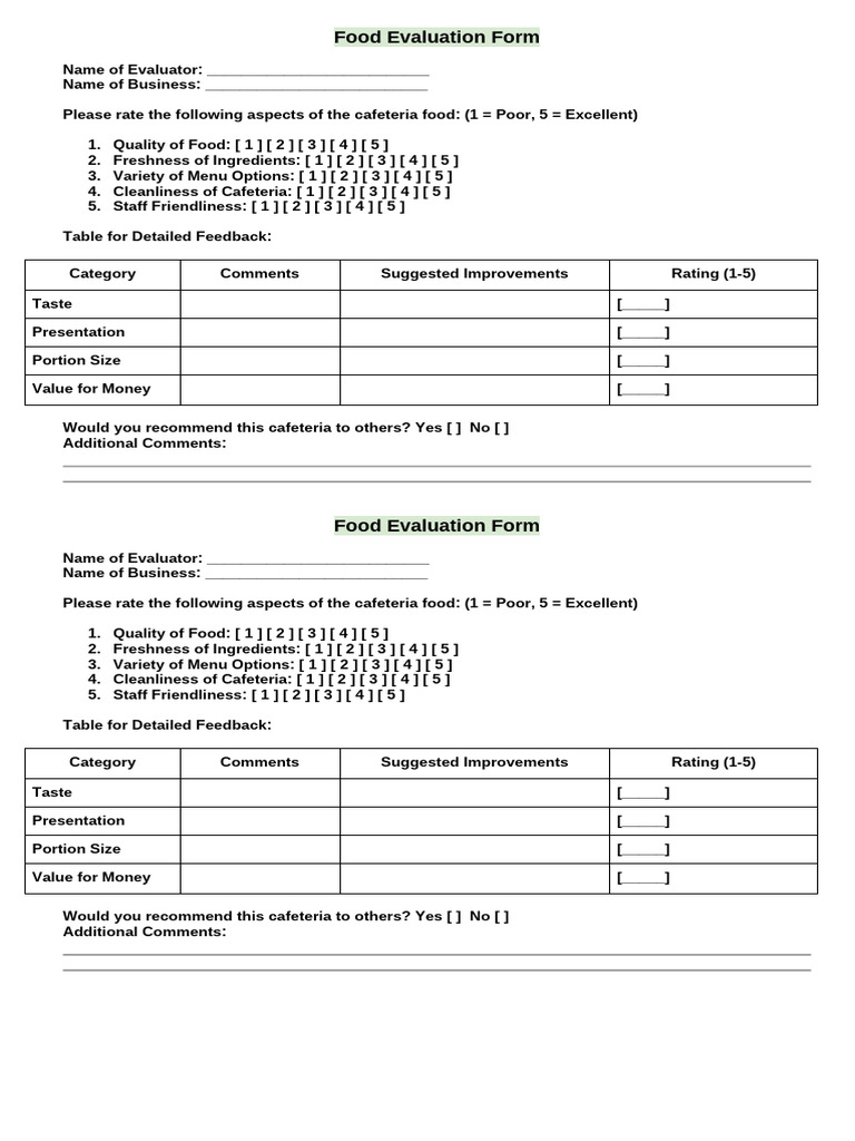 Cafeteria Food Evaluation Form | PDF