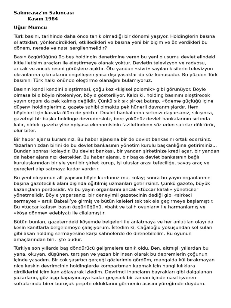 Ugur Mumcu Sakincasizin Sakincasi Kasim 1984 | PDF