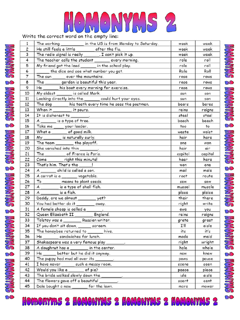 Homonyms 2 Fun Activities Games Grammar Drills Tests - 2949 | PDF