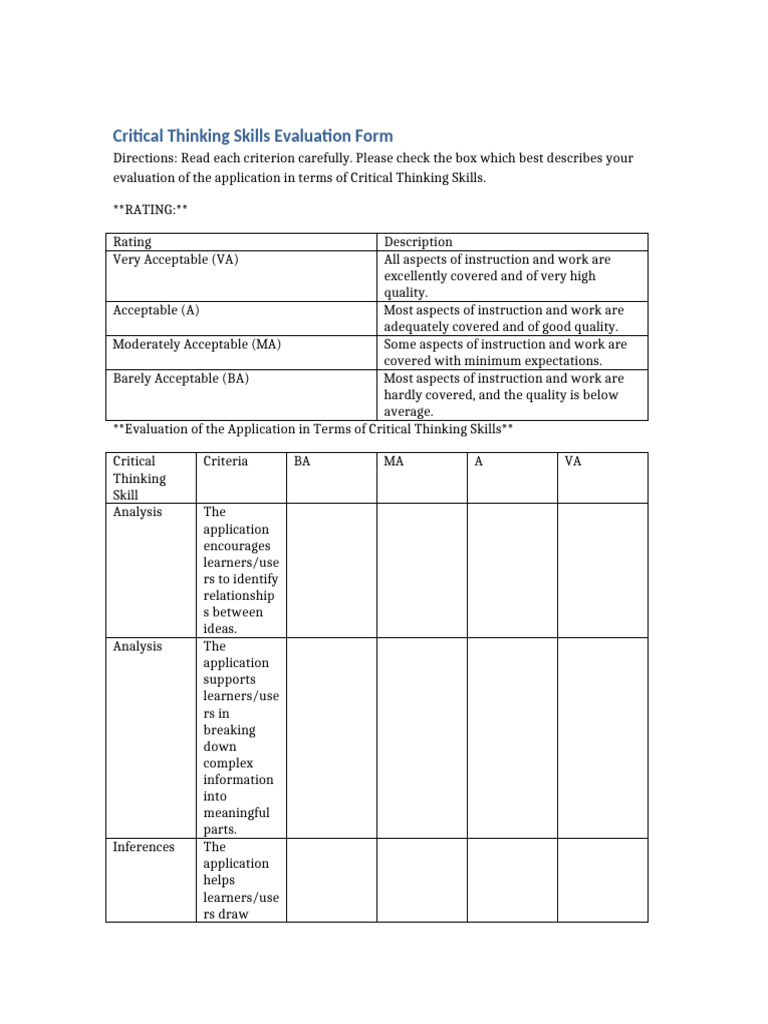 Critical_Thinking_Evaluation_Form | PDF | Critical Thinking | Thought