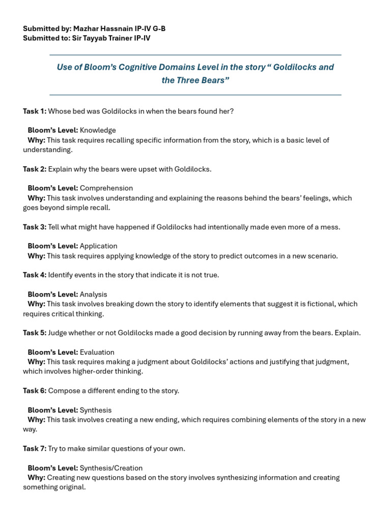 Bloom's Taxonomy in Goldilocks Analysis | PDF