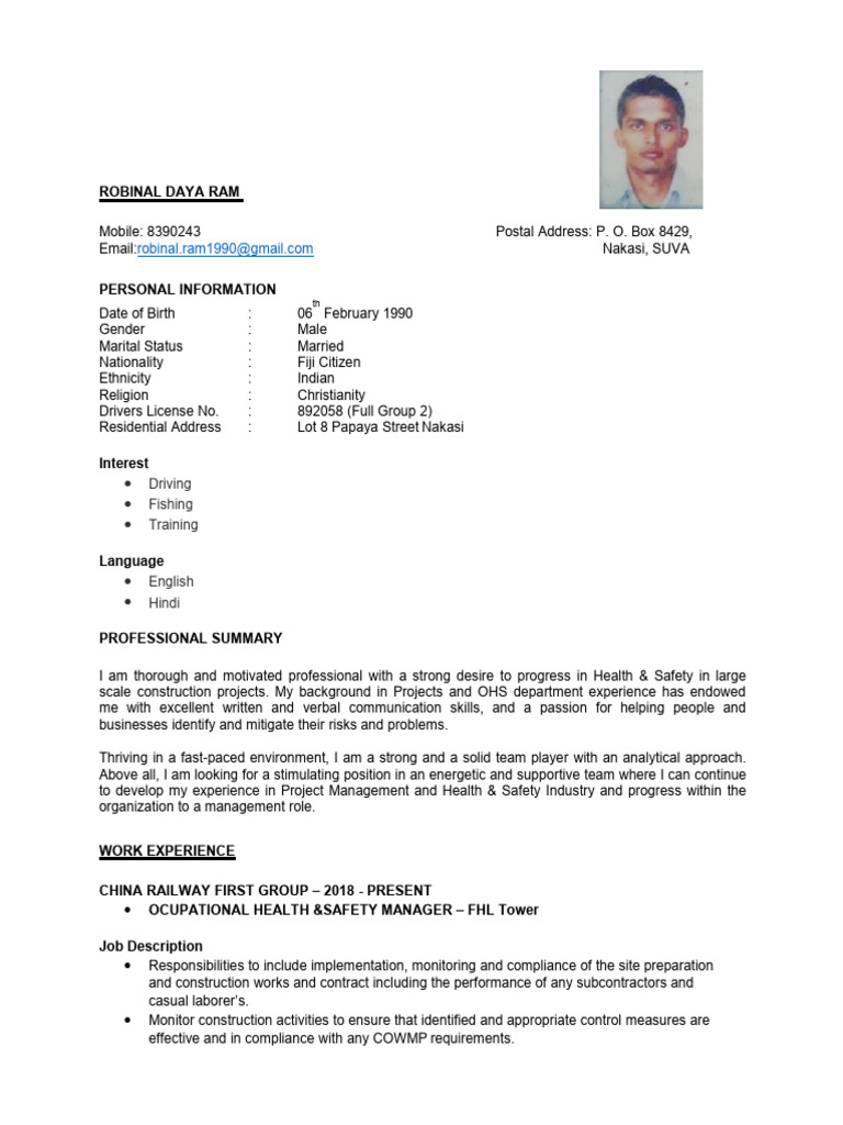 OHS Manager ROBINAL DAYA RAM | PDF | Occupational Safety And Health | Safety