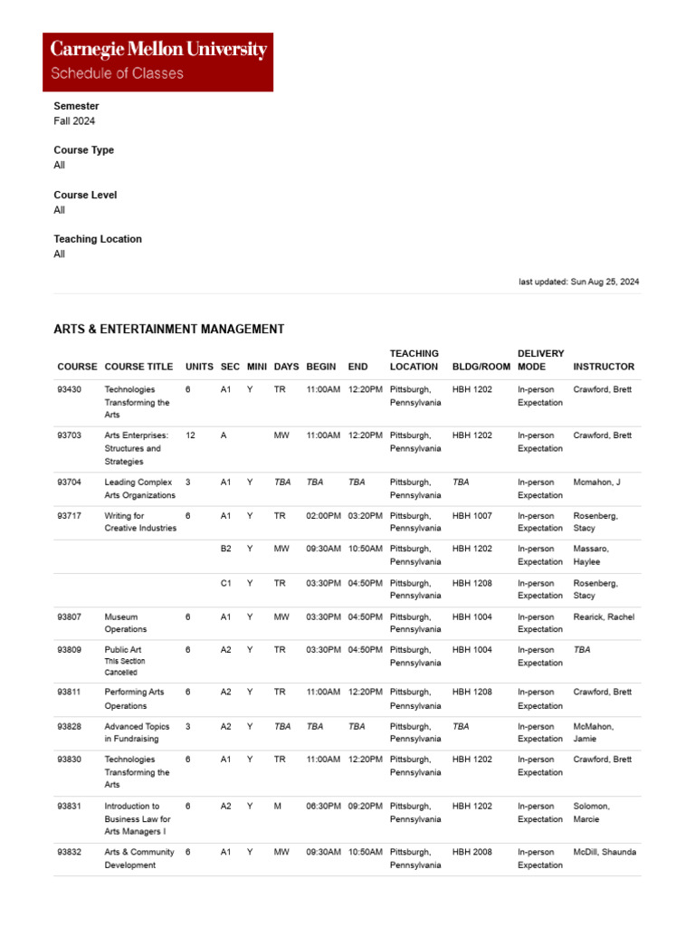 Carnegie Mellon University - Schedule of Classes | PDF