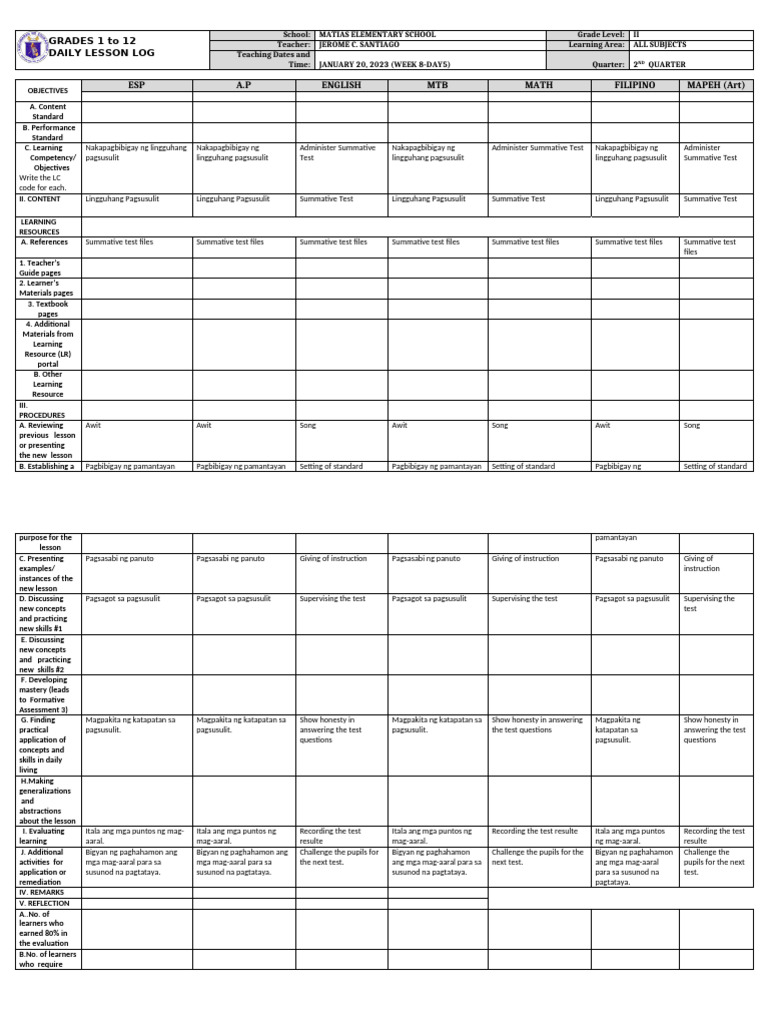DLL All-Subjects-2 Q2 W8 D5 | PDF | Learning | Education Theory