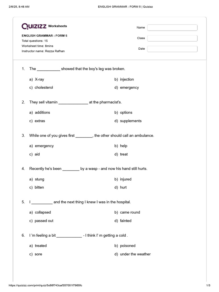 Form 5 English Grammar Worksheets | PDF