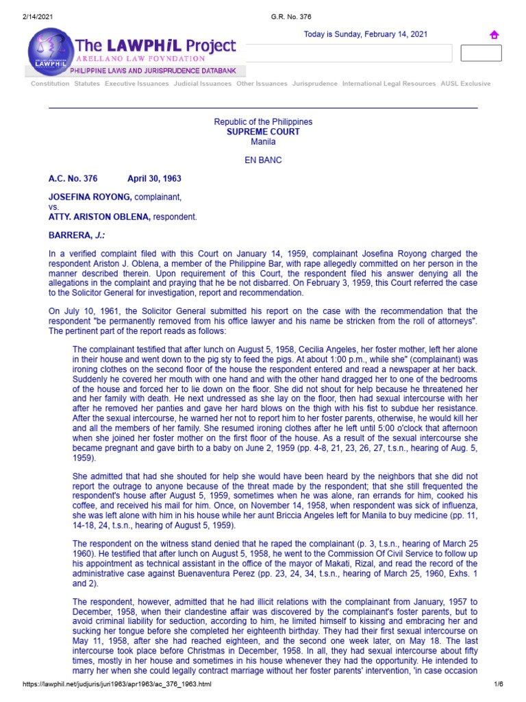 Royong v. Oblena - 7 SCRA 859 | PDF | Disbarment | Lawyer