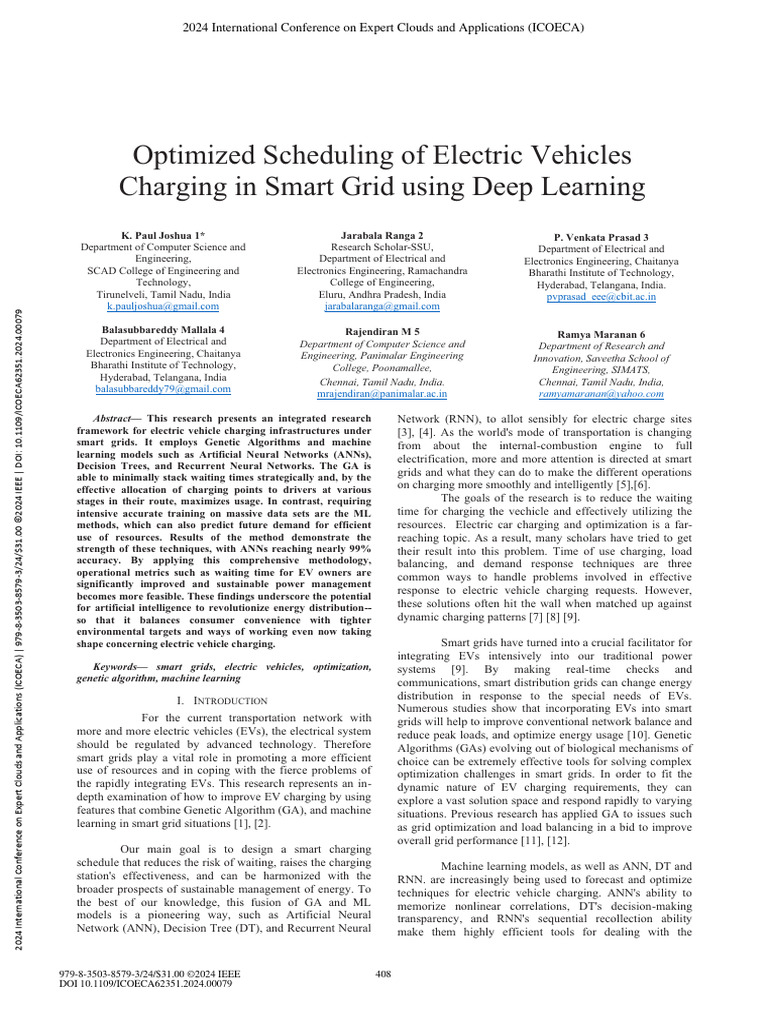 Optimized Scheduling of Electric Vehicles Charging in Smart Grid Using Deep Learning | PDF ...
