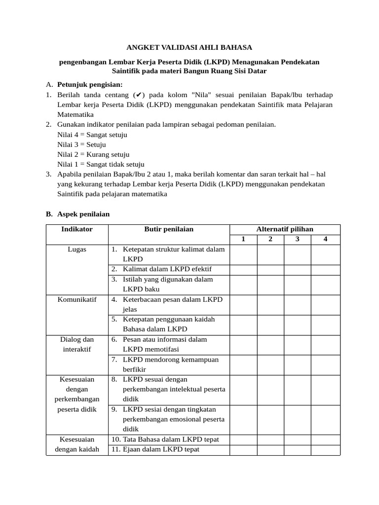 Angket Validasi Ahli Bahasa | PDF