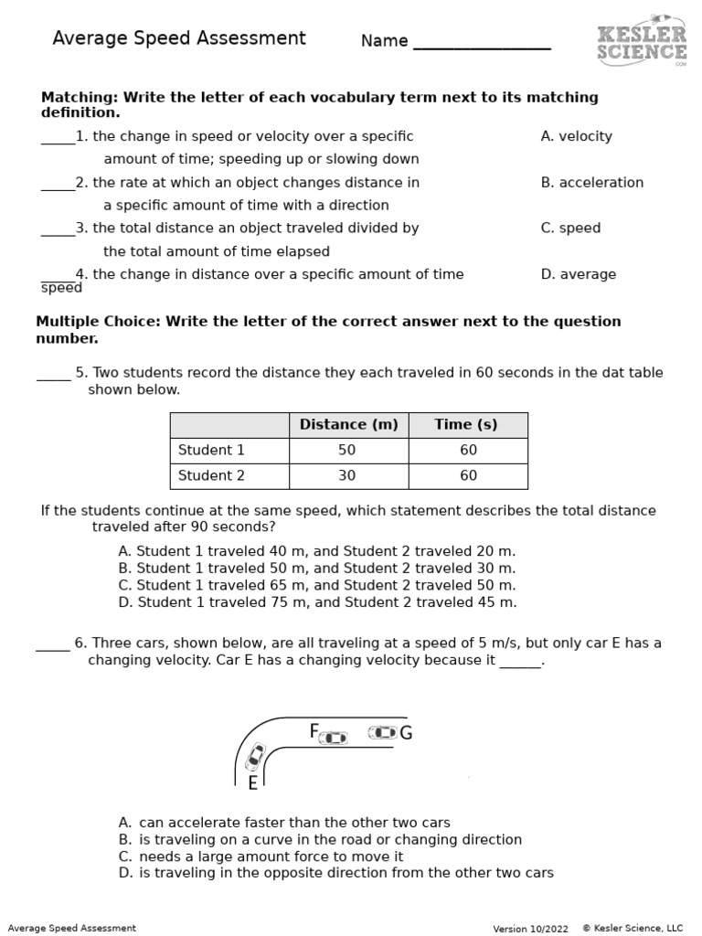 Average Speed Assessment for Class 7 | PDF | Speed | Velocity