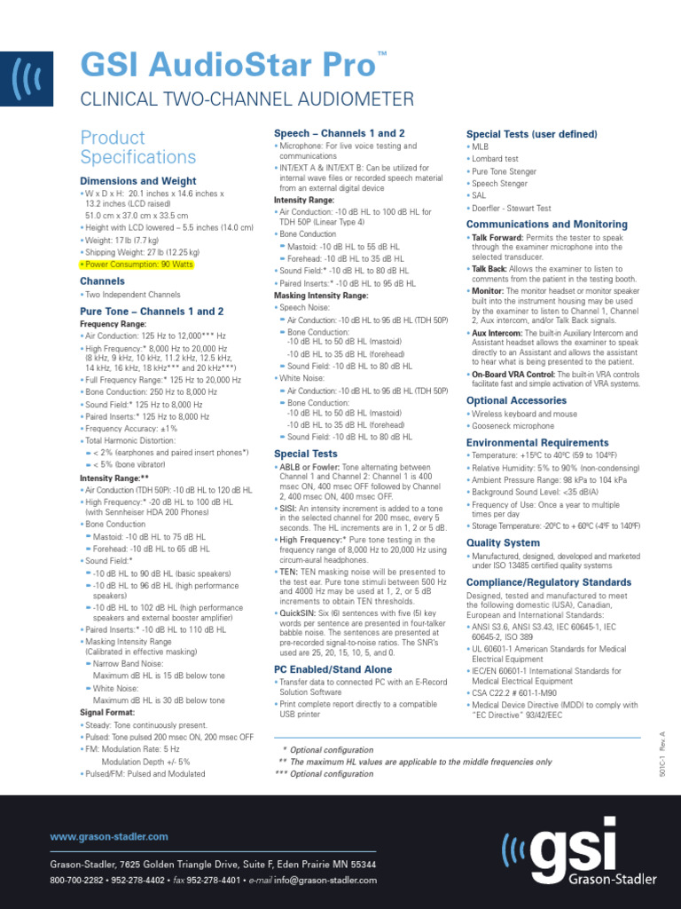 GSI AudioStar Pro Audiometer Specs | PDF | Hertz | Microphone
