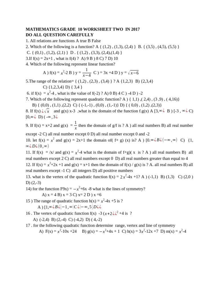 Maths Grade 10 Worksheet Two 2017 | PDF